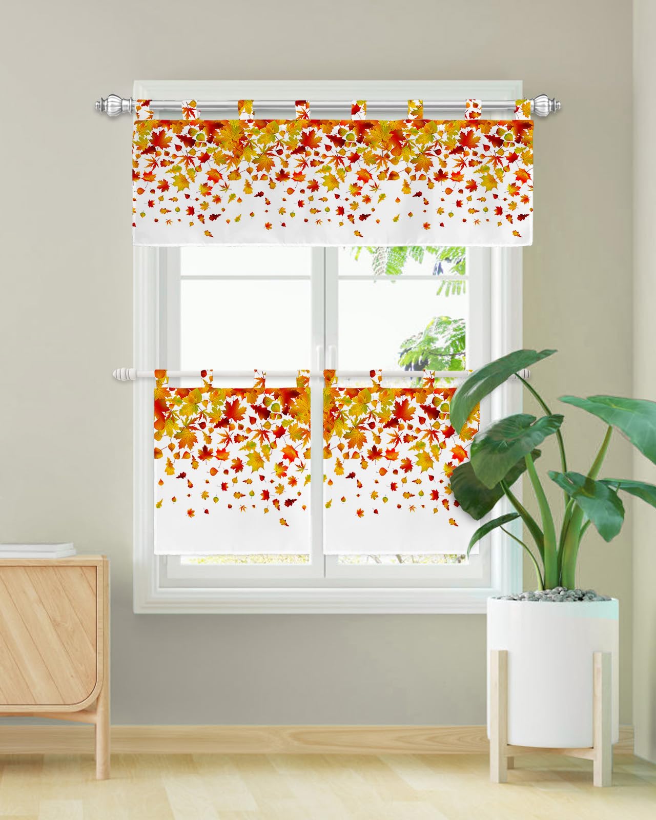 Kitchen Curtains Tiers and Valances Set 3 Piece Tab Top Valances for Windows, Fall Decor Kitchen Window Curtains Set, Valances for Living Room Bedroom, Orange Gradient Maple Leaves Thanksgiving