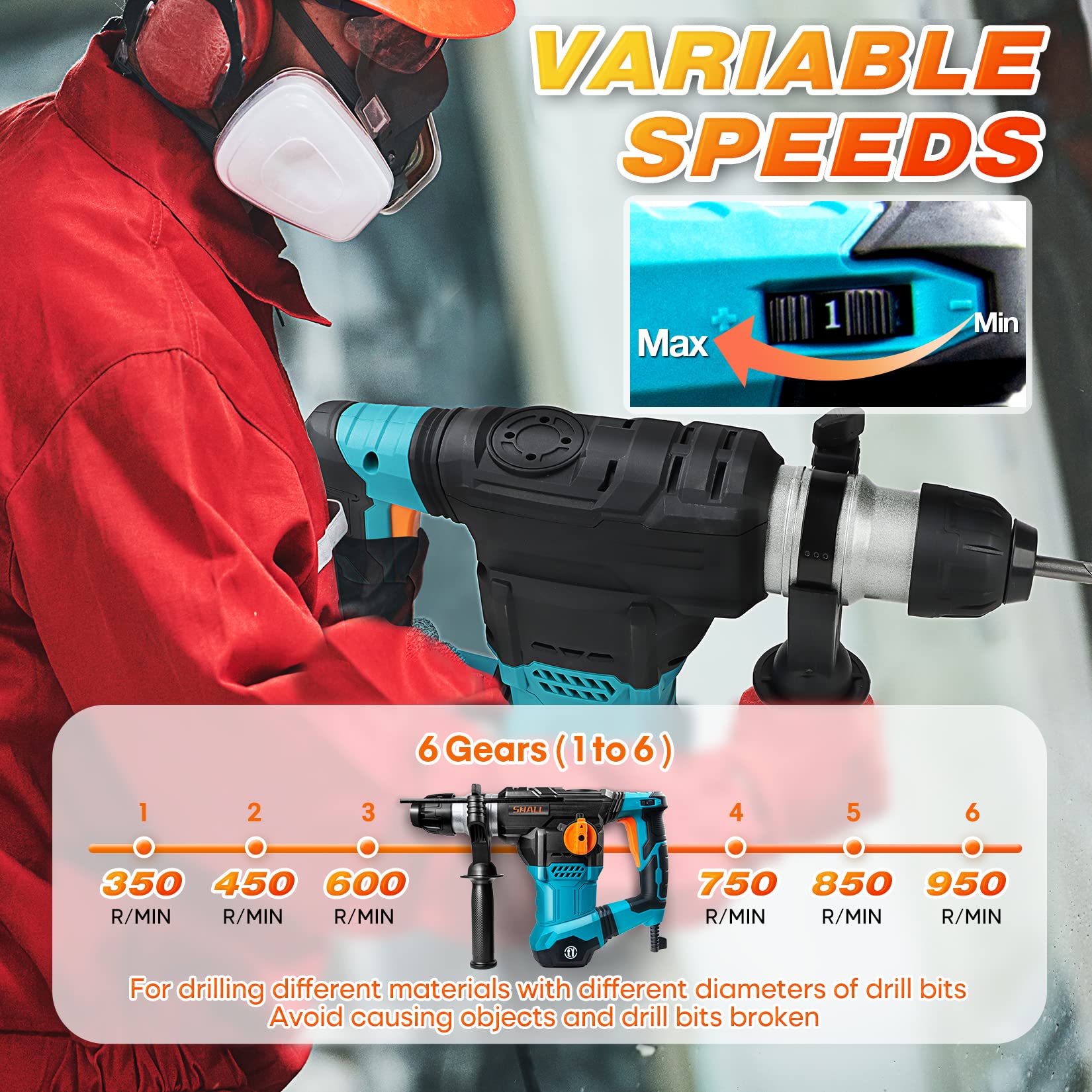 SHALL 1-1/4 Inch SDS Plus Heavy Duty Rotary Hammer Drill, 1500W Rotomartillo, 6 Variable Speeds, Flat Chisel, Point Chisel and 3 Drill Bits Included, for Drilling, Hammering, Chiseling, 0-950 RPM