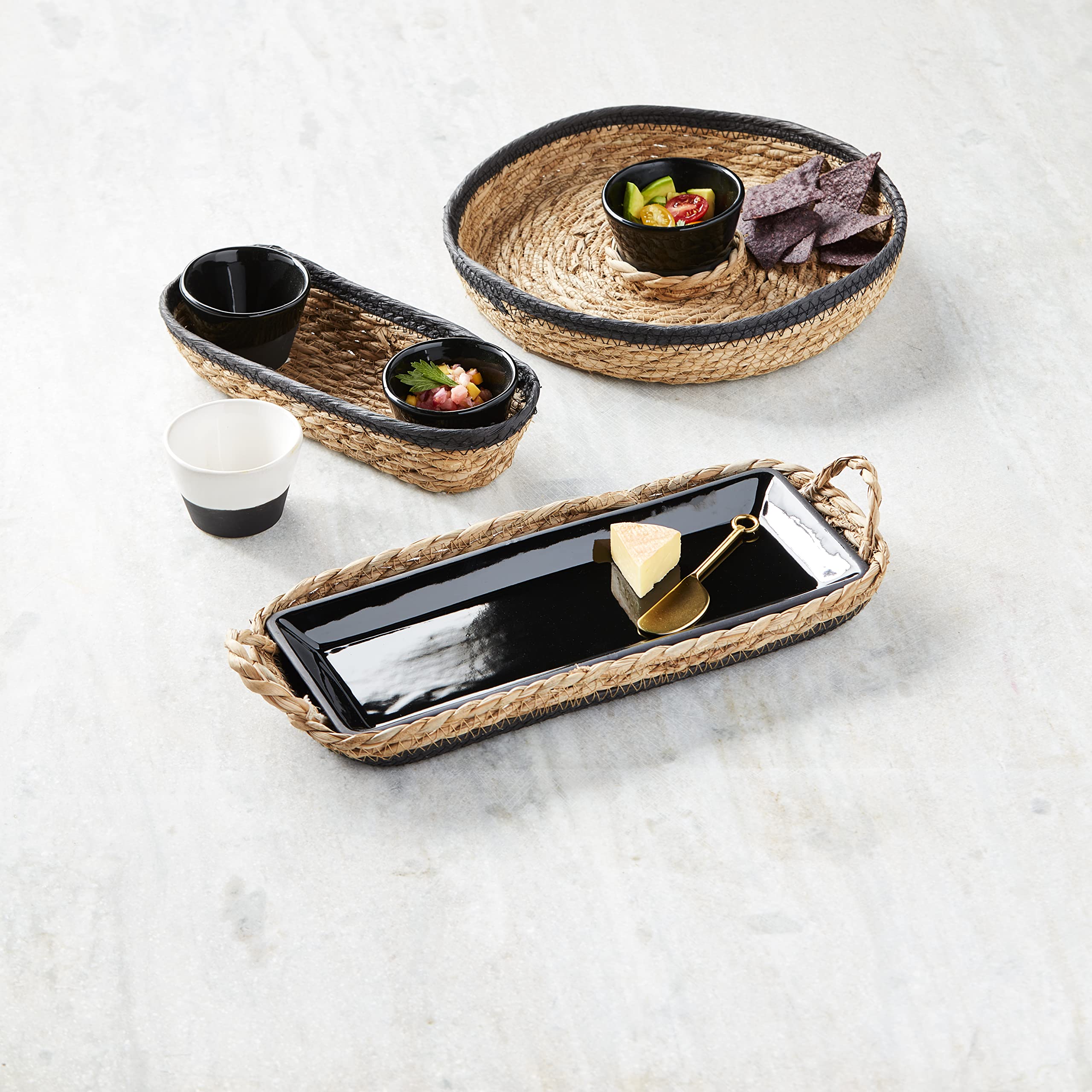 Mud Pie Black Woven Tray Platter Set, 5" x 13" | Basket 6" x 14" | Spreader 5 1/2"