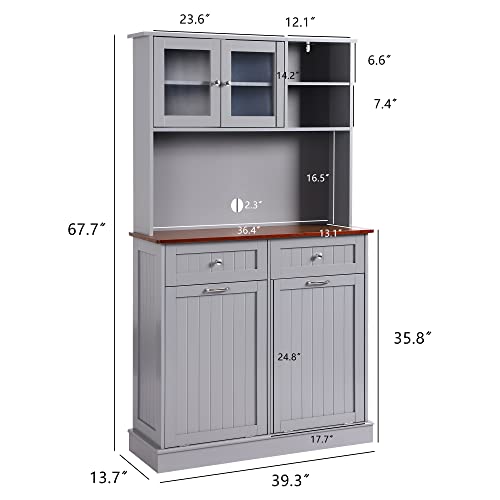 YOCONYO Double Tilt Out Trash Cabinet Storage Cabinet 20 Gallon with Two Solid Wood Hideaway Trash Holder Drawers, Dual Wooden Free Standing Recycling Cabinets Trash Can Bin Kitchen (Gray)