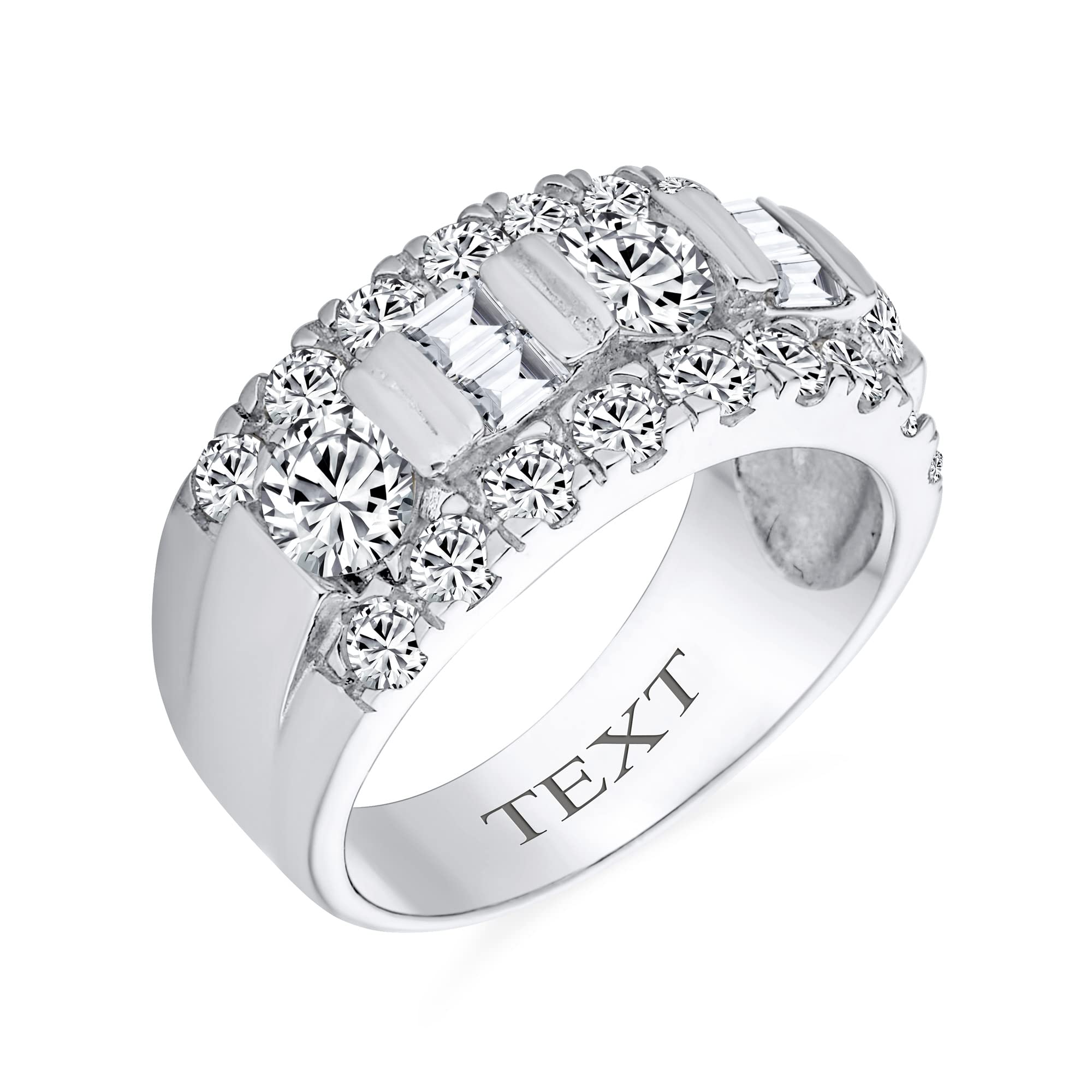 Personalize Channel Set AAA CZ Alternating Round Baguette Wide Couples Art Deco Style Wedding Band Ring For Women .925 Sterling Silver 9MM Customizable