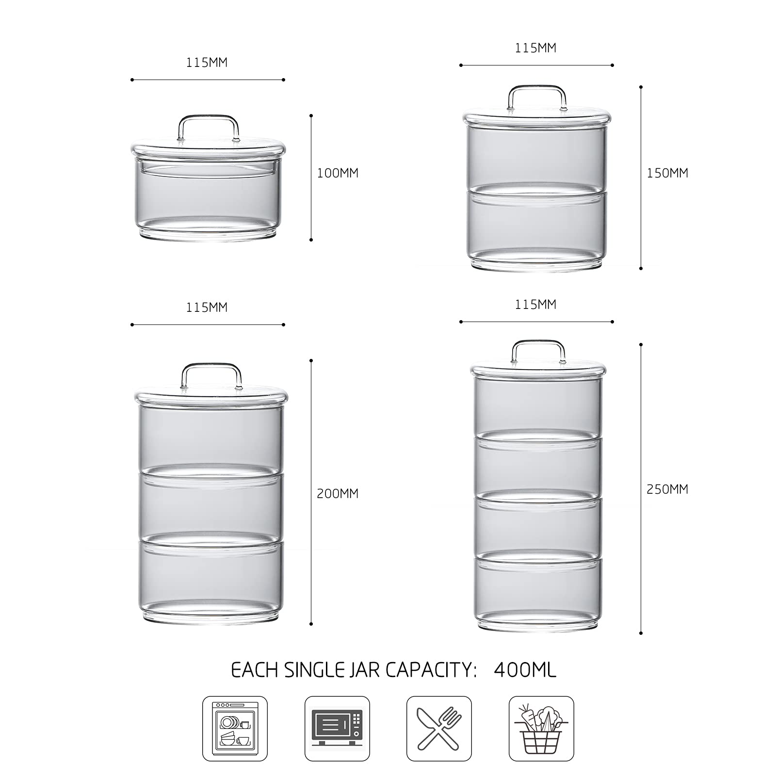 KINGBOO Glass Storage Jars,4-Tier Stackable Containers Kitchen Canisters Canning with Airtight Hermetic Seal Clear Glass Lids (3 stack)
