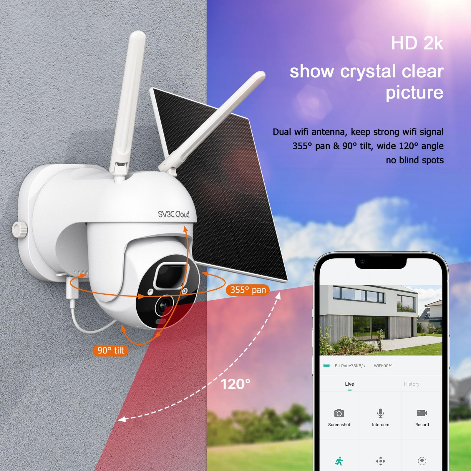 SV3C Wireless Solar Camera Outdoor, 2K PTZ WiFi Security Cameras, Pan Tilt Battery Exterior Cámara with Spotlight, PIR Motion Detect, Color Night Vision, 2-Way Audio, Alexa, Cloud & SD Card Storage