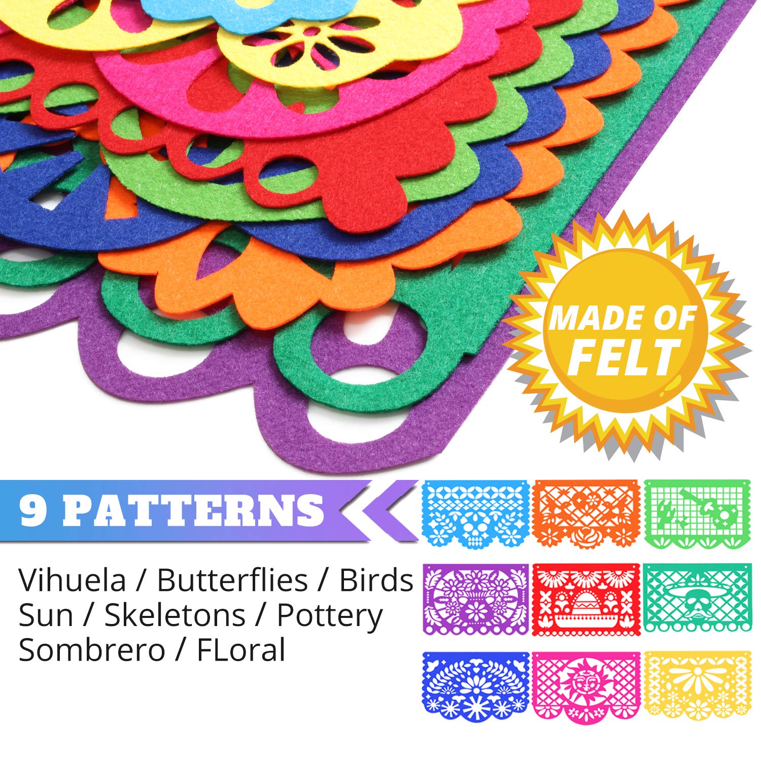 Novelty Place 15Ft 9Pcs Mexican Party Banners - Felt Papel Picado Banner - Mexican Fiesta Party Decorations for Dia De Los Muertos, Day of the Dead, Cino de Mayo, 9 Pattern Panels