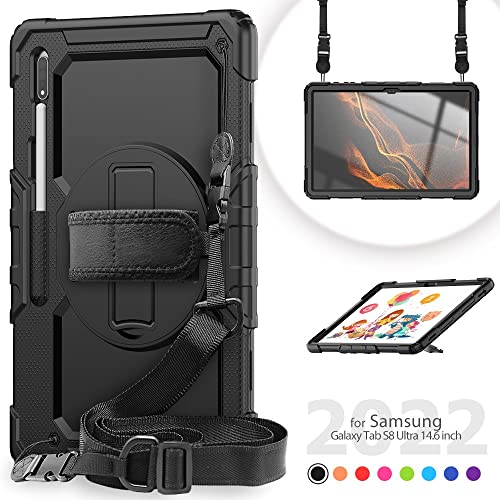 Tablet Protective Clips For Samsung Galaxy Tab S8 Ultra 14.6" (SM-X900/ X906) Heavy Duty Shockproof TPU Case,Protective Cover W Screen Protector 360 Swivel Kickstand+Hand Strap+Shoulder Strap Tablet P