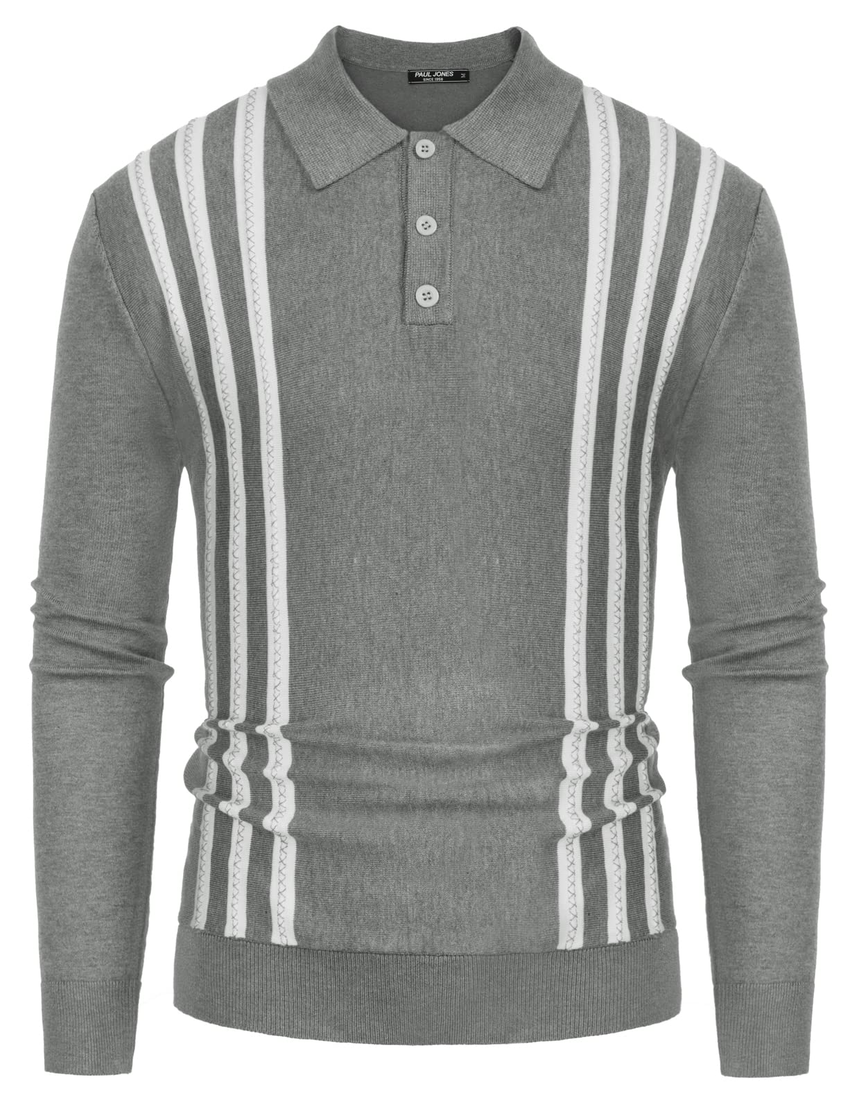 PJ PAUL JONES Men's Vintage Stripe Knitted Polo Shirts Breathable Button Casual Pullover Sweater Dark Grey XX-Large