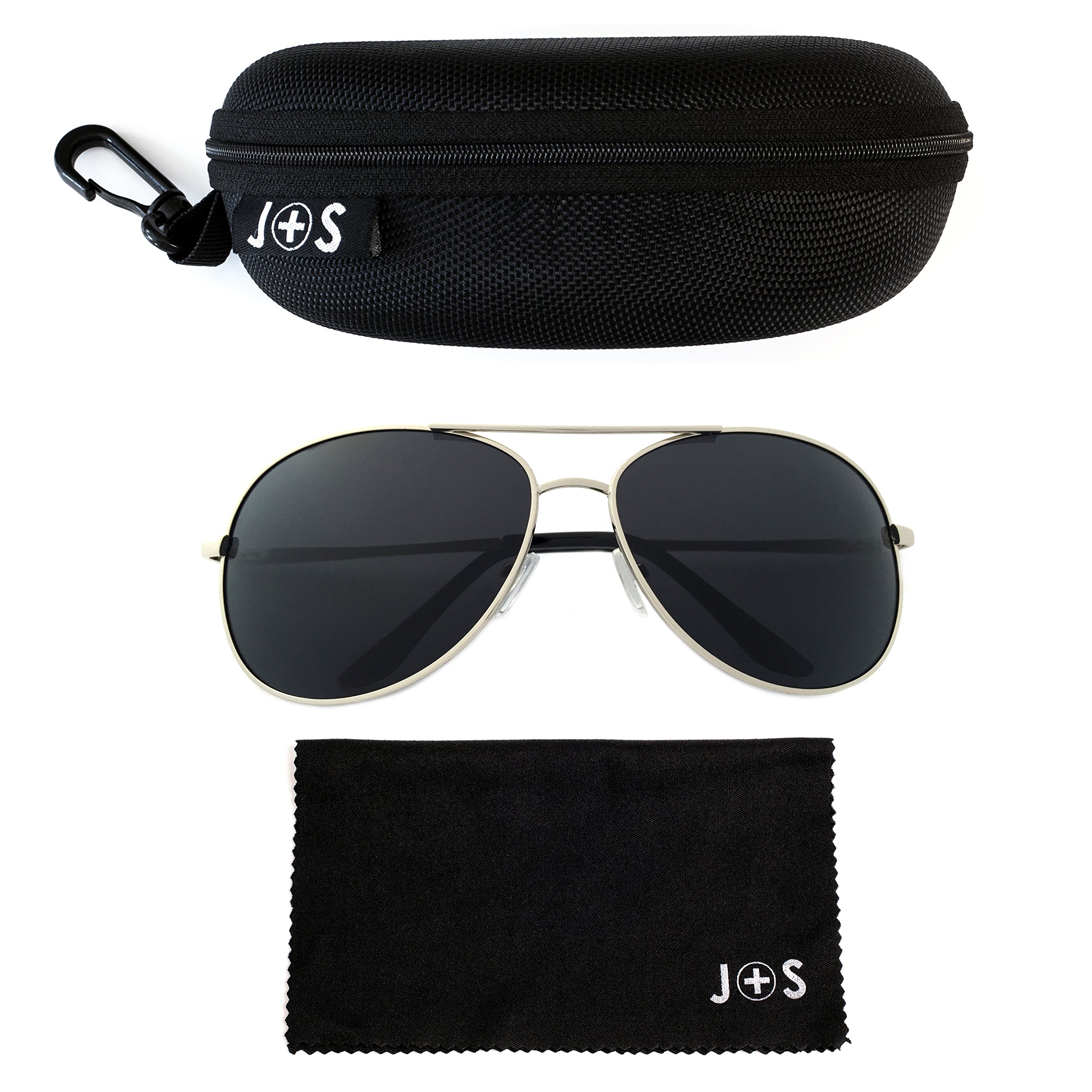 J+S Premium Military Style Classic Aviator Sunglasses, Polarized, 100% UV protection for Men Women (Large Frame - Silver Frame/Black Lens)…