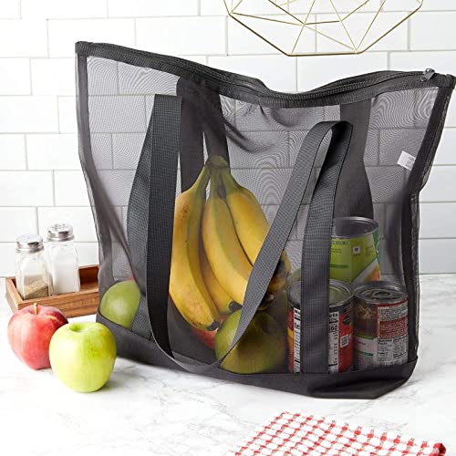 Okuna Outpost Mesh Tote Bags with Zipper for Grocery Shopping, Beach (Black, Large, 2 Pack)