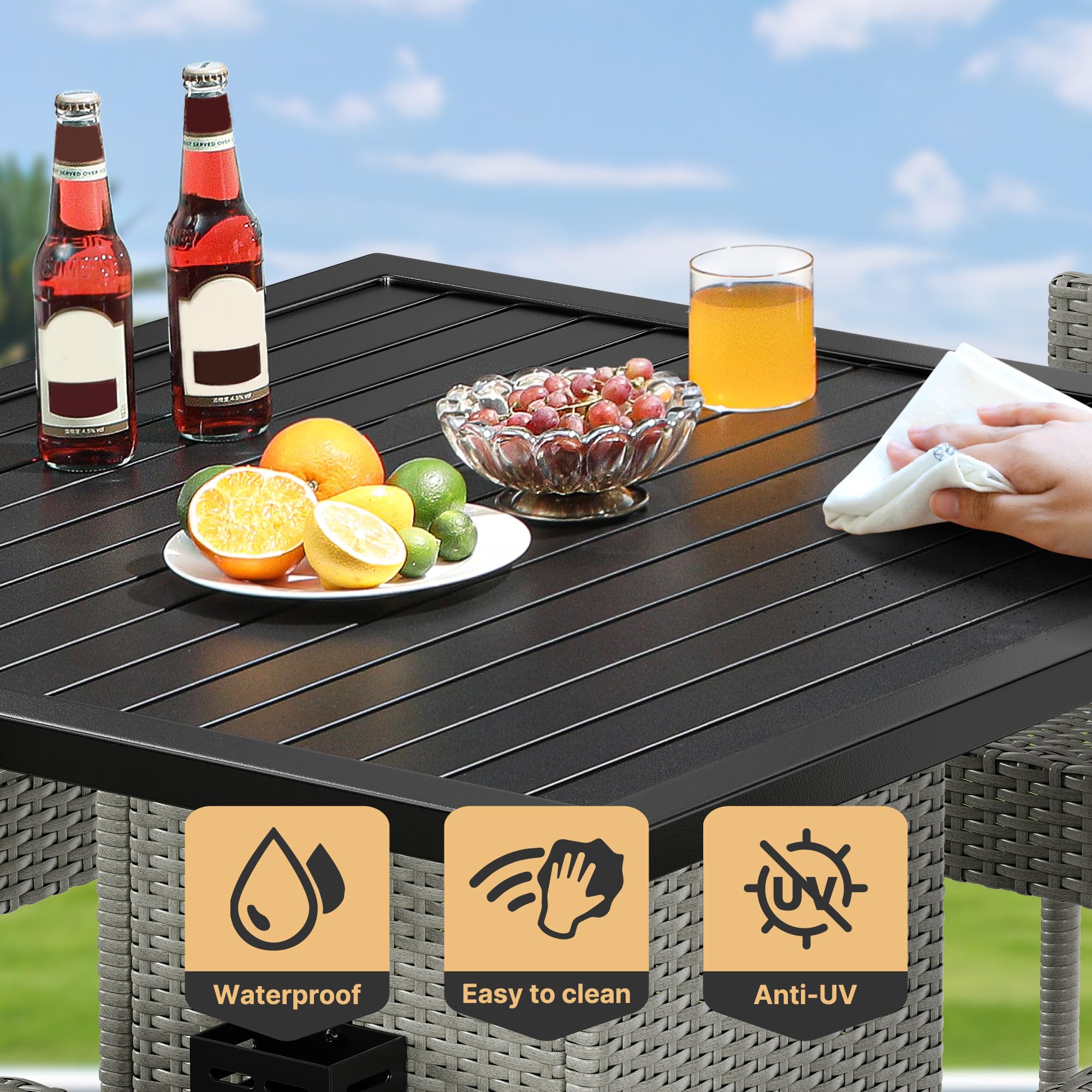 YITAHOME 5-Piece Outdoor Wicker Bar Set with Built-in Bottle Opener, Storage Shelf & Metal Tabletop, 4 Stools with Backrest for Patios, Backyards, Gardens, Poolside, Porches, Gray