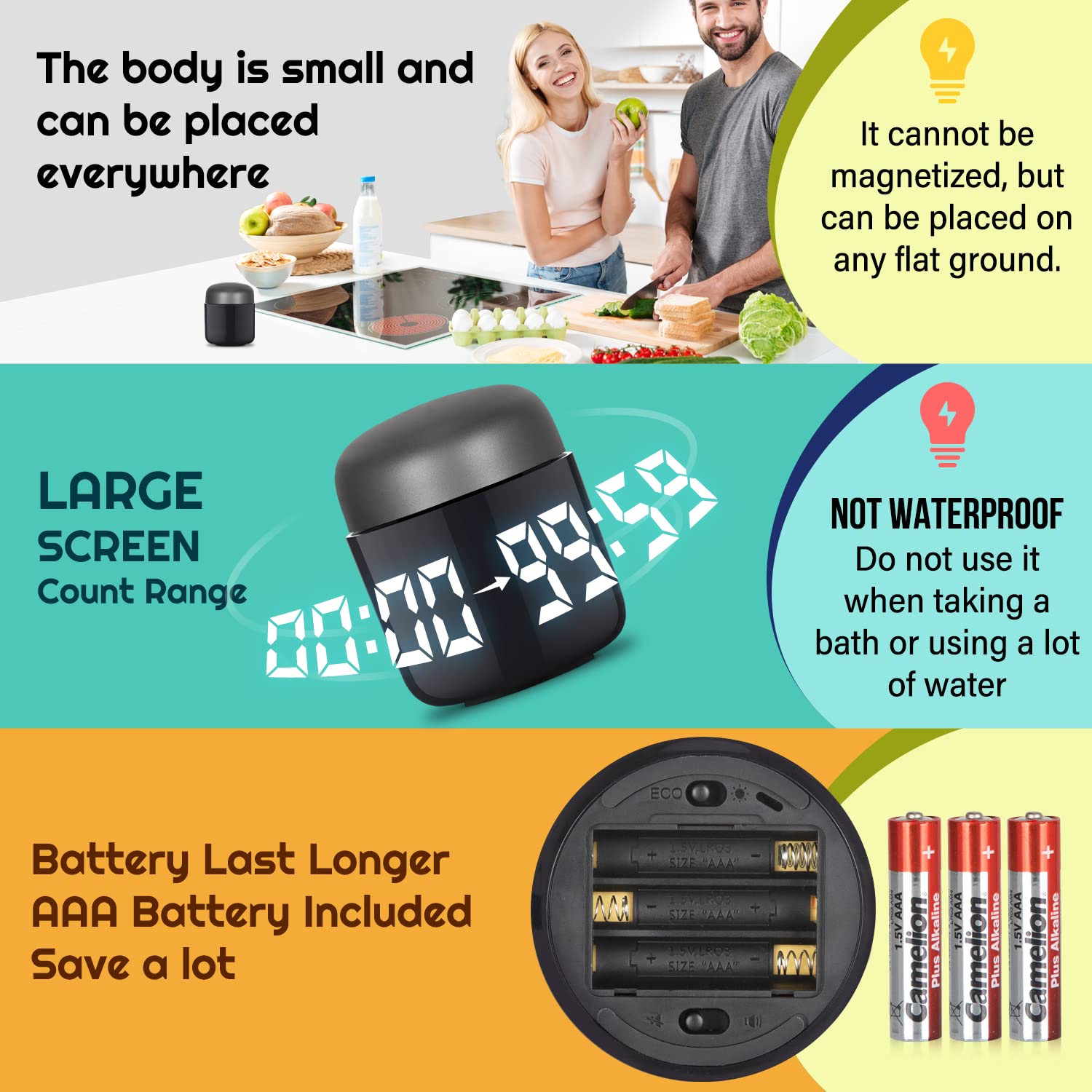 PINGKO Digital Kitchen Timer for Cooking - Visual Countdown Alarm Timers Small with Battery Loud Sound Large LED Display - Cute Baking Timers for Oven Food Classroom Desk Home Office Reading Bedroom