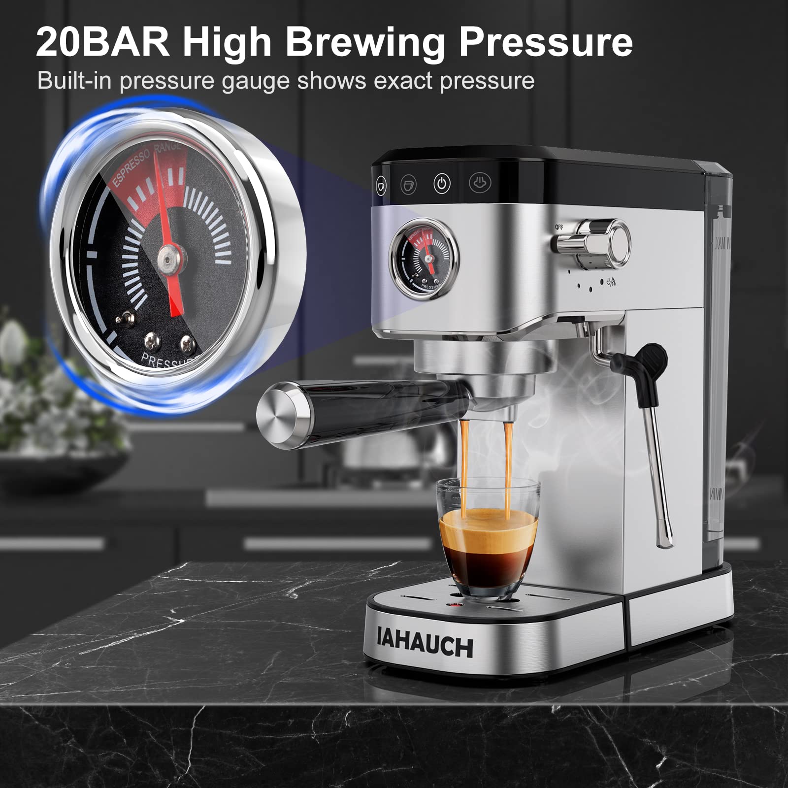 IAHAUCH Espresso Machine 20 Bar, Professional Espresso Maker with Milk Frother Steam Wand, Compact Coffee Machine with 37oz Removable Water Tank