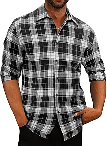 JMIERR Mens Flannel Shirt Fall Fashion 2024 Long Sleeve Casual Button Down Cotton Plaid Dress Shirts, US 40(M), Black