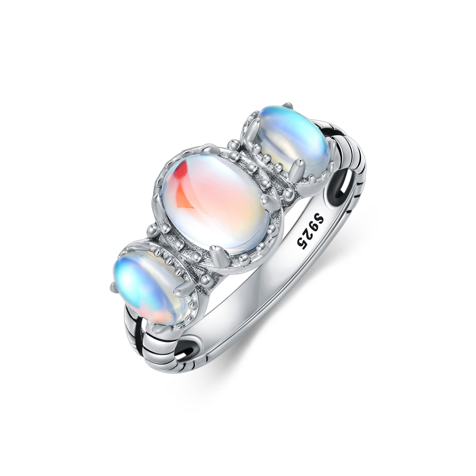 PLATYCO Moonstone Ring 925 Sterling Silver Moonstone 3 Stone Ring Gift for Women (6)