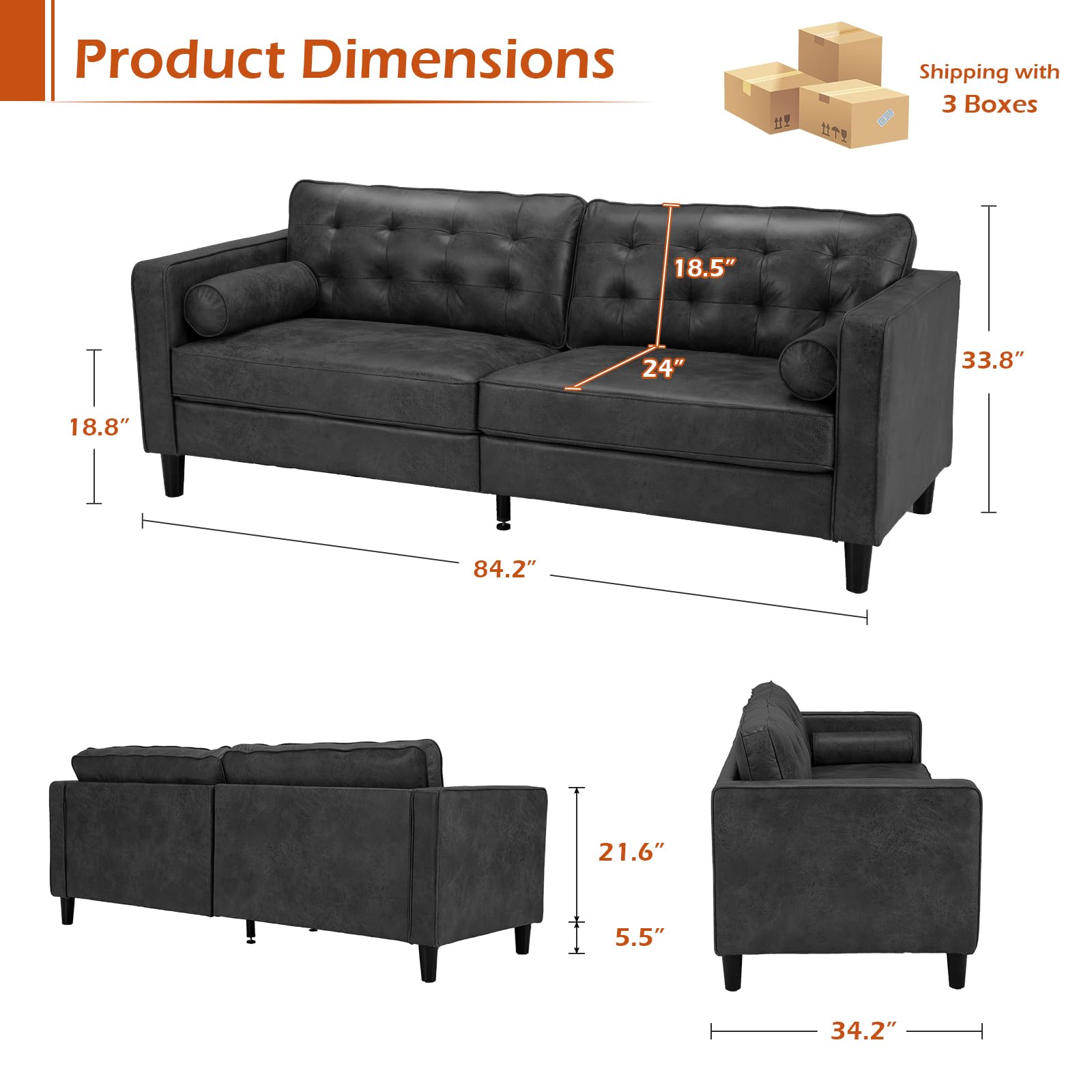 YODOLLA 84.2" Faux Leather Sofa Couch, Mid-Century Modern Sofa with 2 Bolster Pillows, 3 Seats Sofa Vintage Couch for Living Room, Studio and More, Black