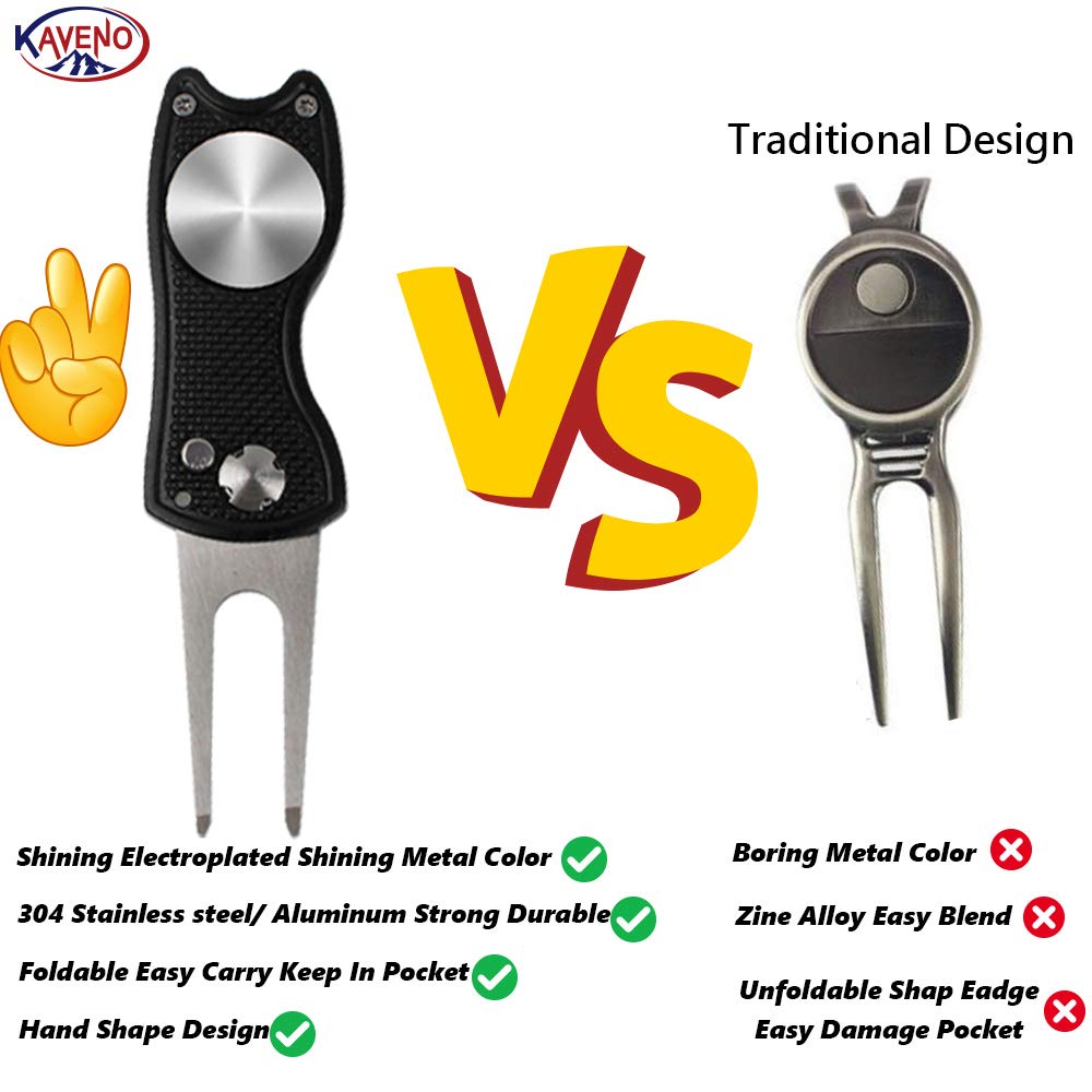 kaveno Golf Divot Repair Tool, Foldable Pop-up Button Stainless Steel Switchblade & Detachable Golf Ball Marker (Lime Green Fish 1 SET)