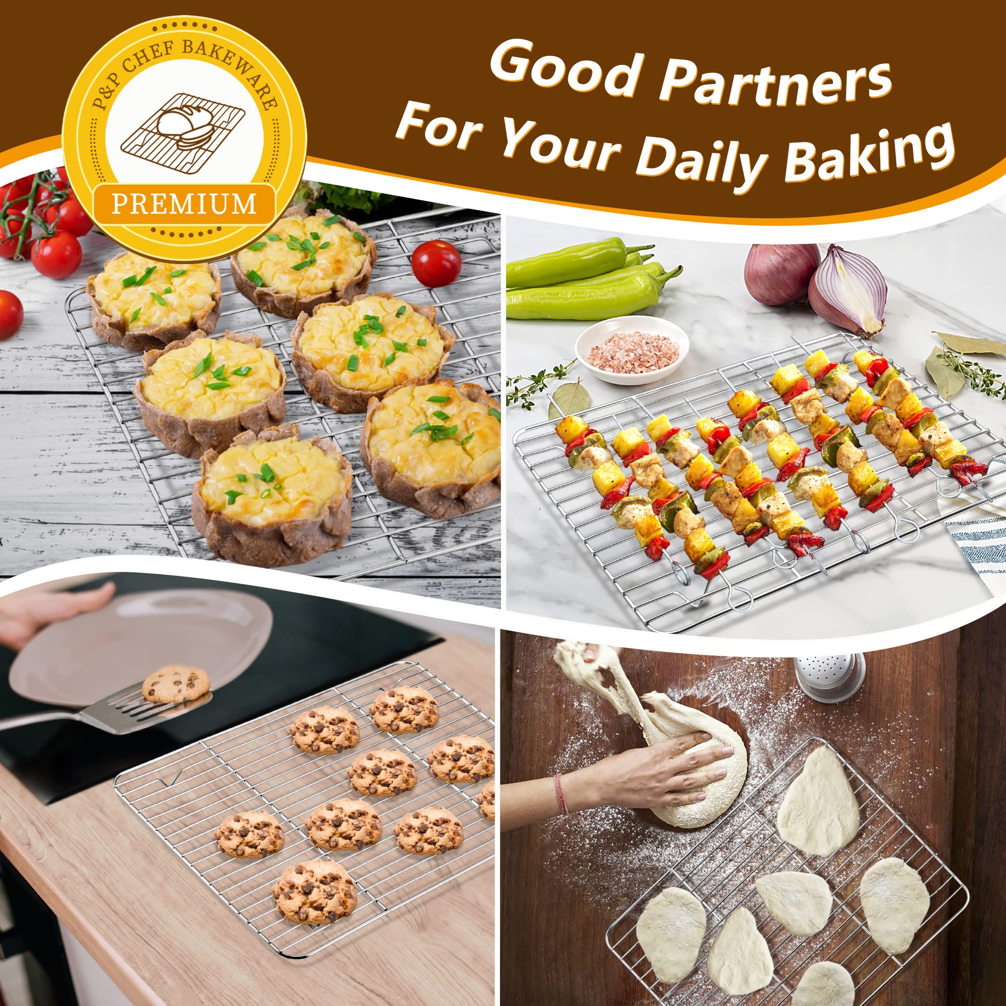 P&P CHEF 12.5 Inch Toaster Oven Pan and Rack Set,4 Pieces Stainless Steel Baking Pan Oven Trays with Cooling Rack, Non Toxic & Dishwasher Safe,2 Pans + 2 Racks