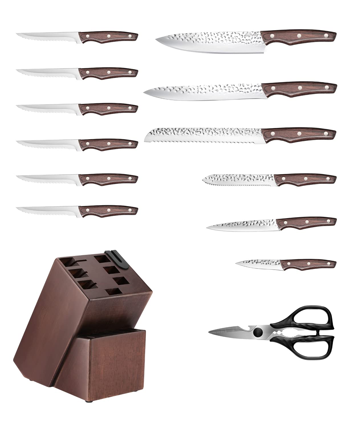 syvio Kitchen Knife Sets with Block and Wood Handle, 14 Piece with Built-in Sharpener, Kitchen Knives for Chopping, Slicing, Dicing&Cutting