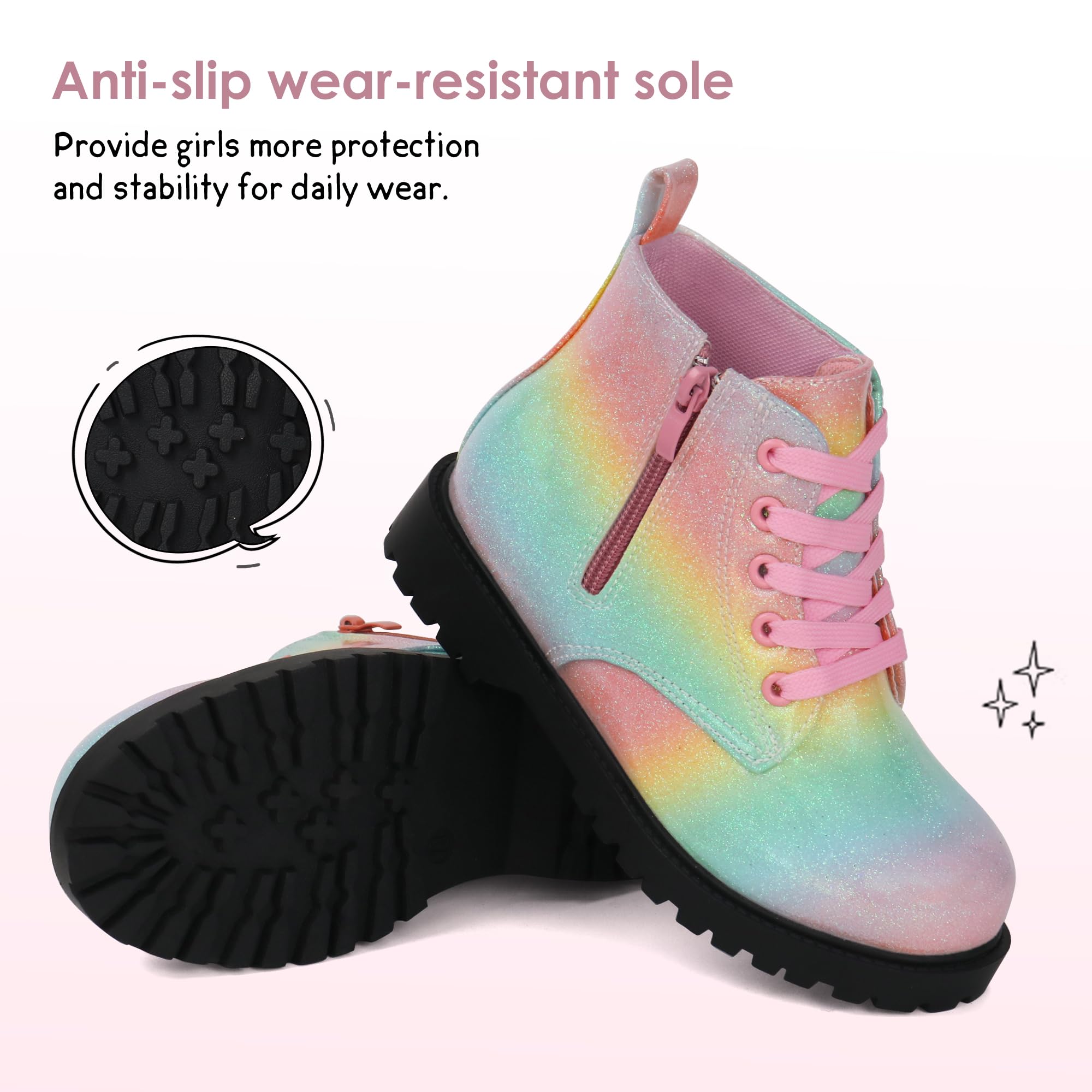 JABASIC Girls Ankle Boot Side Zipper Lace Up Work Boots (2,Rainbow)