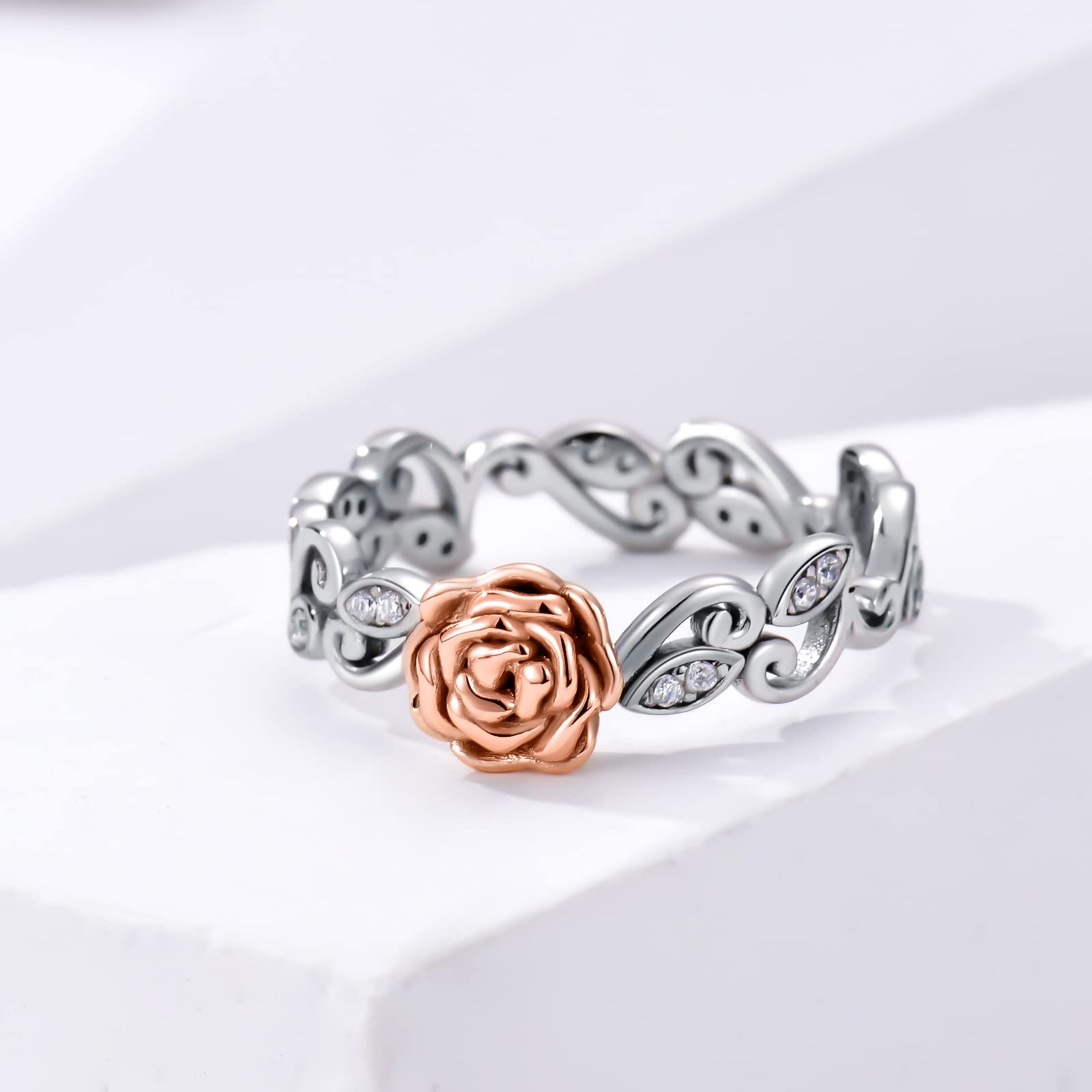 PLATYCO Rose Flower Ring 925 Sterling Silver Dainty Rose Flower Statement Engagement Rings Jewelry Gift for Women, Ring Size 7