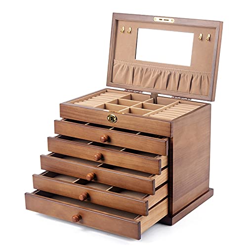 ZZYINH AN207 Solid Wood Six-Layer Jewel Box Large Capacity with Lock Retro Eardrop Earrings Necklace Jewelry Gift Small Jewelry (Color : Black)