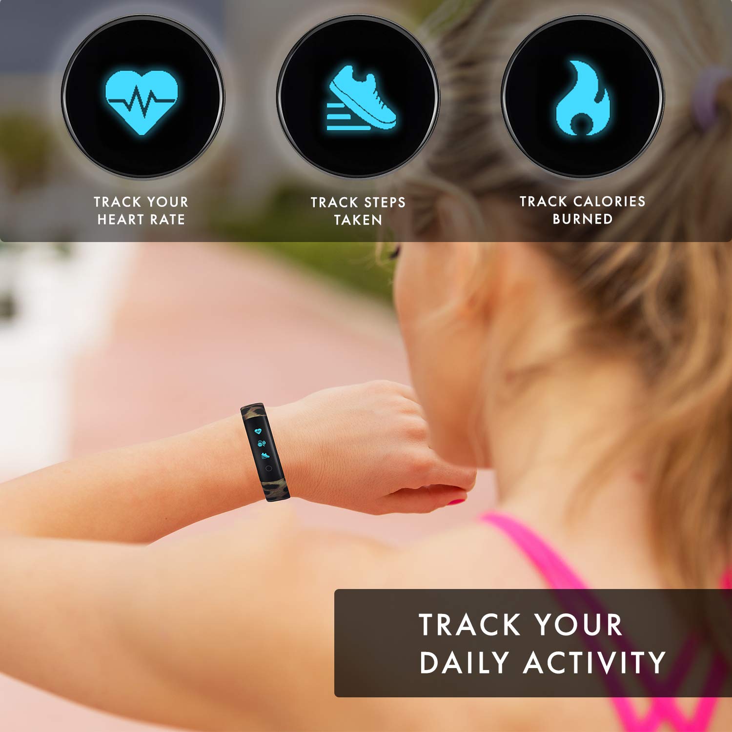 iTouch Slim Fitness Tracker with Heart Rate Monitor, Step Tracker, Calorie Tracker & Sleep Tracker. Waterproof Fitness Watch for Women & Men, Android & iOS, Leopard Print/Black Interchangeable Straps