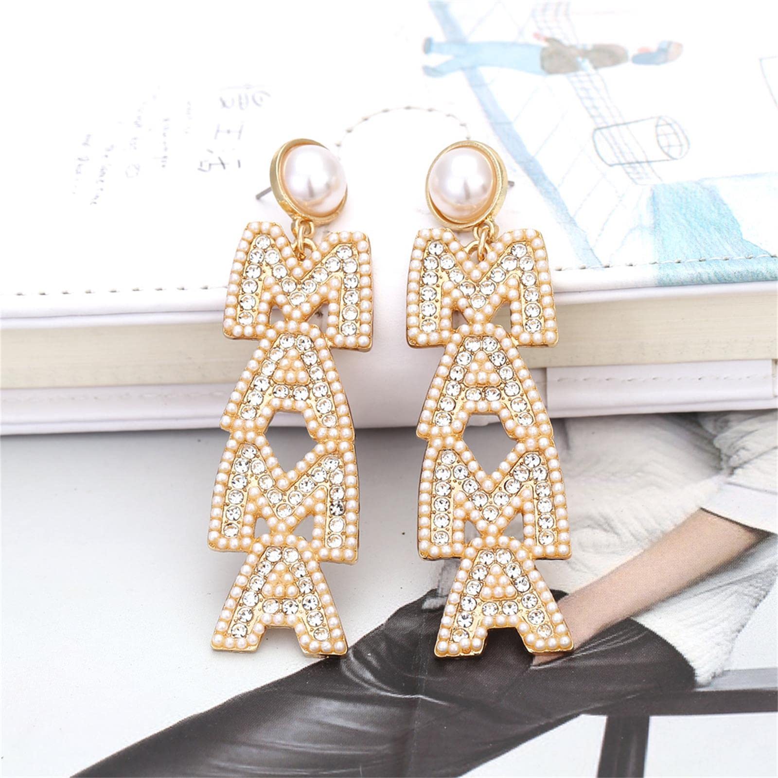 Long Pearl MAMA Letter Earrings Shining Rhinestone Crystal MAMA Earrings for Women Jewelry(A)