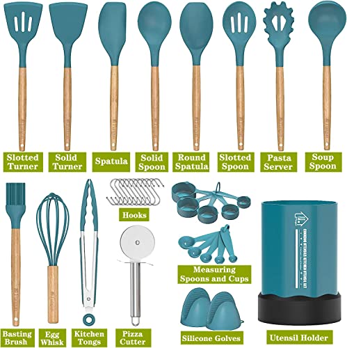 Kitchen Utensil Set Silicone Cooking Utensils -Fungun 35 pcs Kitchen Utensils Tools Wooden Handle Spoons Spatulas Set Cookware Turner Tongs Whisk Kitchen Gadgets with Holder