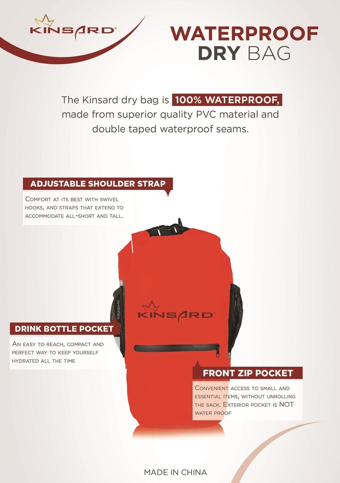 Kinsard Waterproof Dry Bags, Roll Top Sack, With Zipper, Side Pockets, and Adjustable Straps-Protects Valueables and All Gear, For Kayaking, Boating, Beach, Hiking, 10 Liter Dry Bag(Orange)