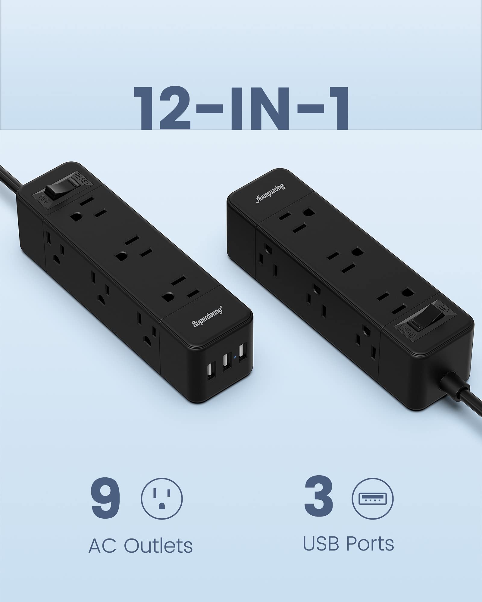 Power Strip Surge Protector, 9 Widely Spaced Outlets with 3 USB Ports, 3 Side Outlet Extender with 6.5 Ft Extension Cord, 1050 Joules, Flat Plug, Wall Mount Charging Station for Home Office Dorm Black