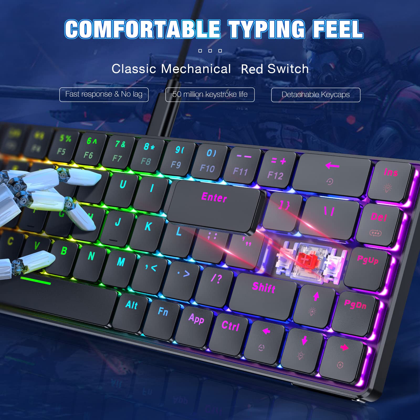 SIMGAL Wired RGB Mechanical Keyboard, Ultra-Thin Low Profile Gaming Keyboard with 69 Keys and RGB Backlight for Mac Windows PC (Red Switch)