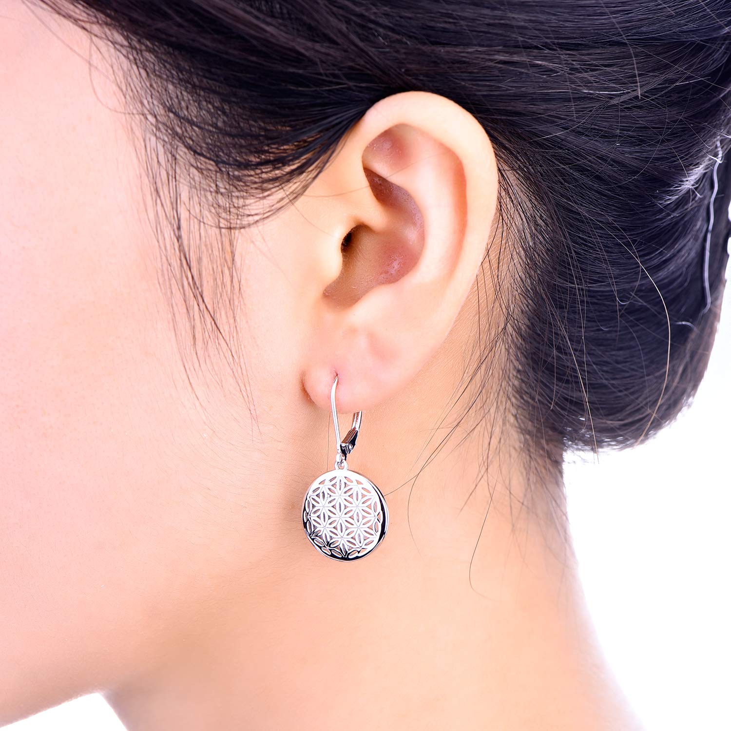 JO WISDOM 925 Sterling Silver Flower of Life Drop&Dangle Leverback Earrings