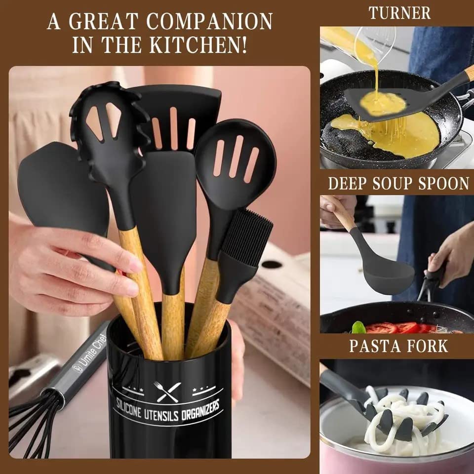 Kitchen Utensil, Cooking utensils, Cookware Set, 33-Piece, Kitchen, Cooking, Wooden Handle, Silicone Kitchen Products, Nonstick Heat-Resistant, Cookware Tools, Kitchen Gadgets, (Black)