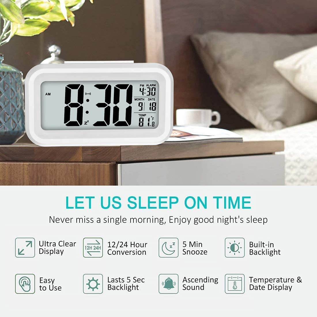 KAIJIELY Upgraded Digital Alarm Clock, 4.3" LED Display with Temperature Larger Lound Light Control Portable Snooze Calendar Brightness with Battery Powered Alarm Clocks Bedside for Everyone (White)
