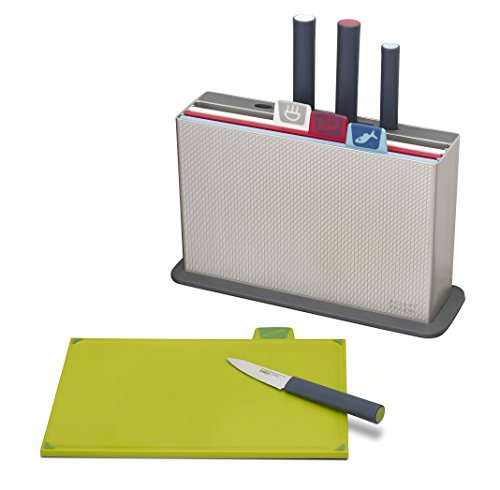 Joseph Joseph Index Plastic Cutting Board Set with 4 Matching Knives and Storage Case Color-Coded Dishwasher-Safe Non-Slip, Small, , Silver with Knives