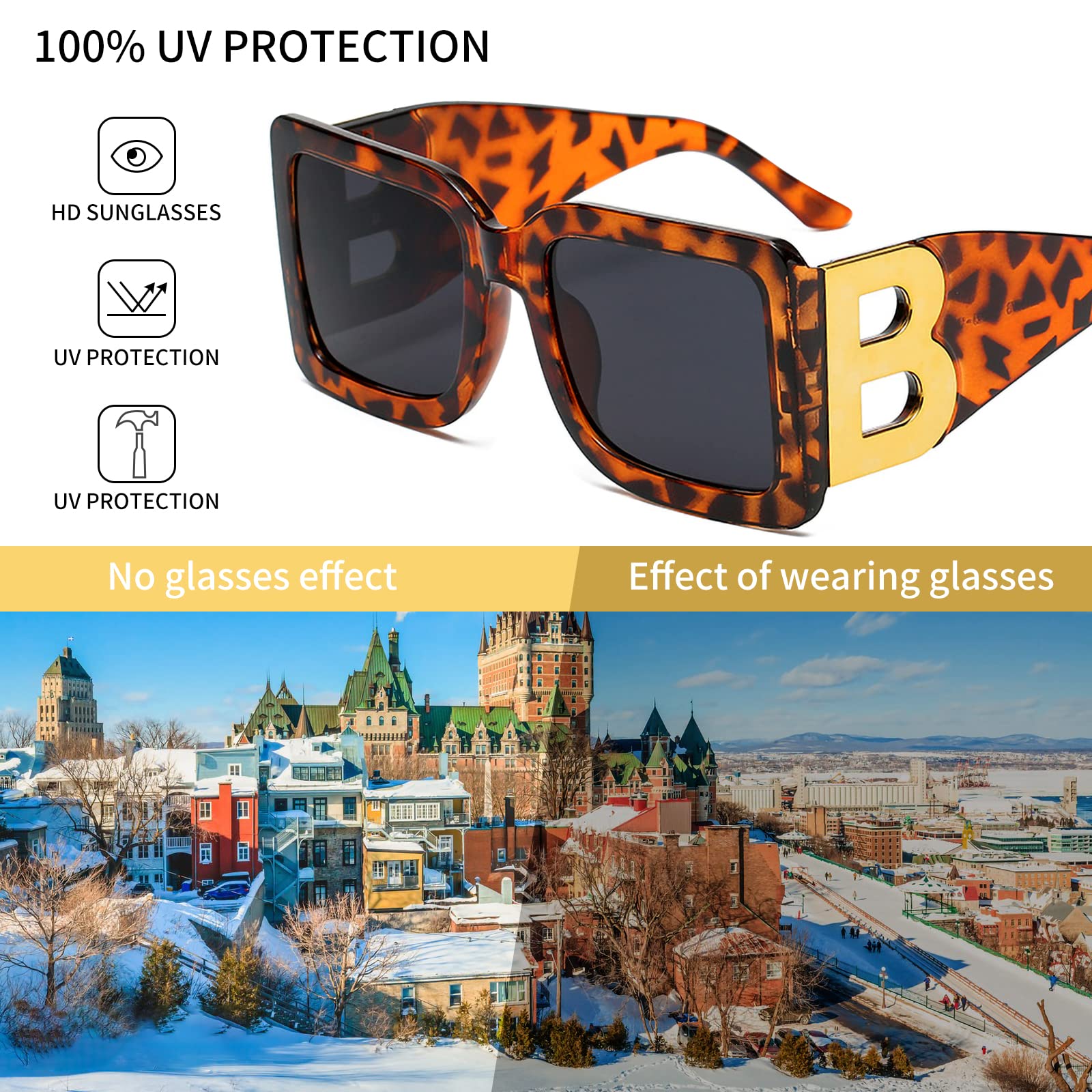 QYVEWY 3 Pairs Oversized Square Sunglasses for Women Men 90s Retro Trendy Thick B Frame Big Sun Glasses UV400 Protection (Orange/Tea/Transparant)