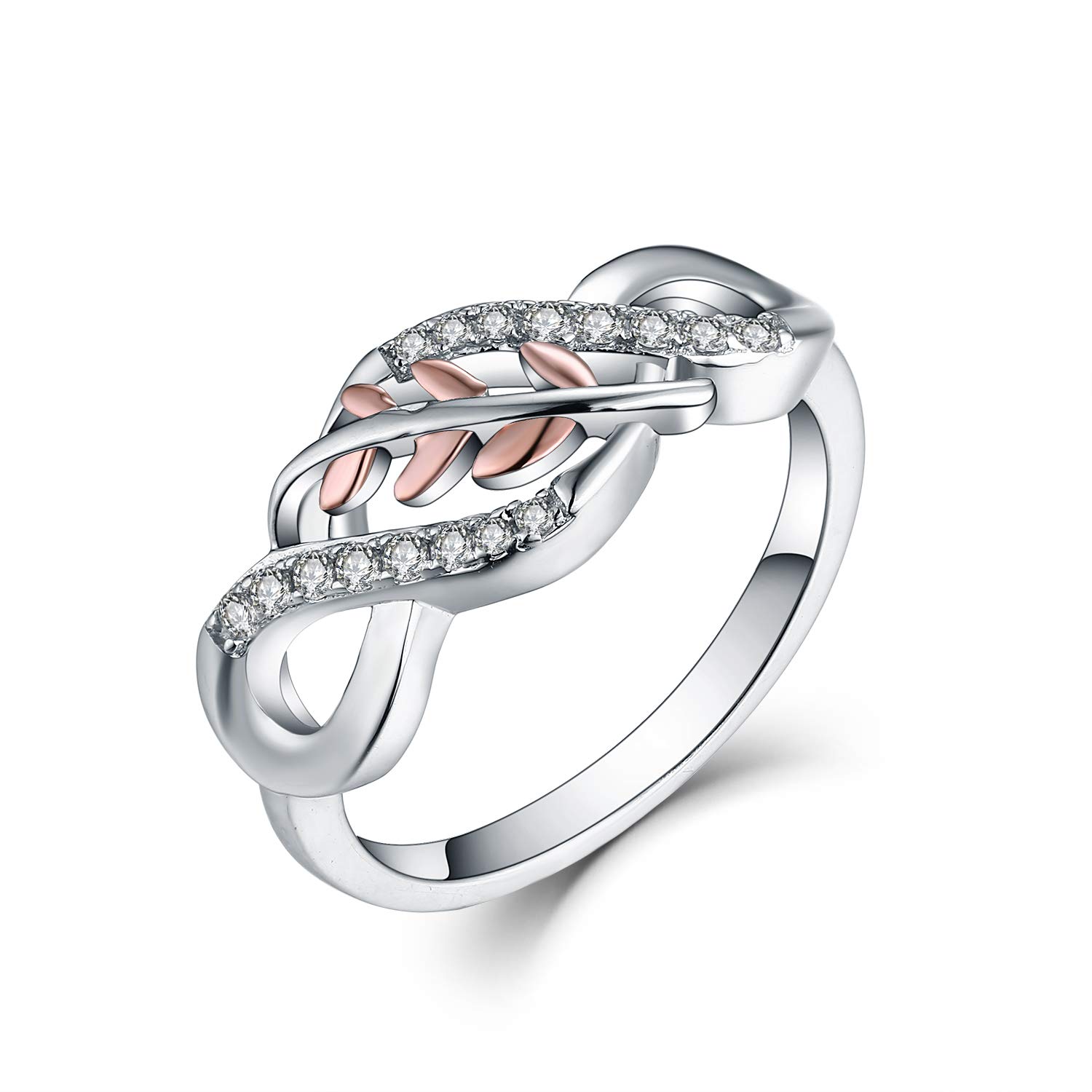 JO WISDOM 925 Sterling Silver Cubic Zirconia Rose Gold Leaf Infinity Knot Ring Size 7