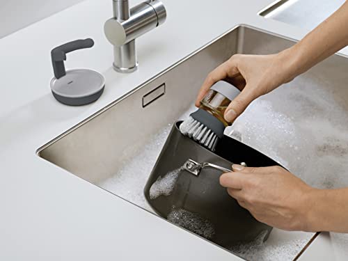 Joseph Joseph Palm Scrub Dish Brush Soap Dispensing Set with Holder, Gray 3.5-inches