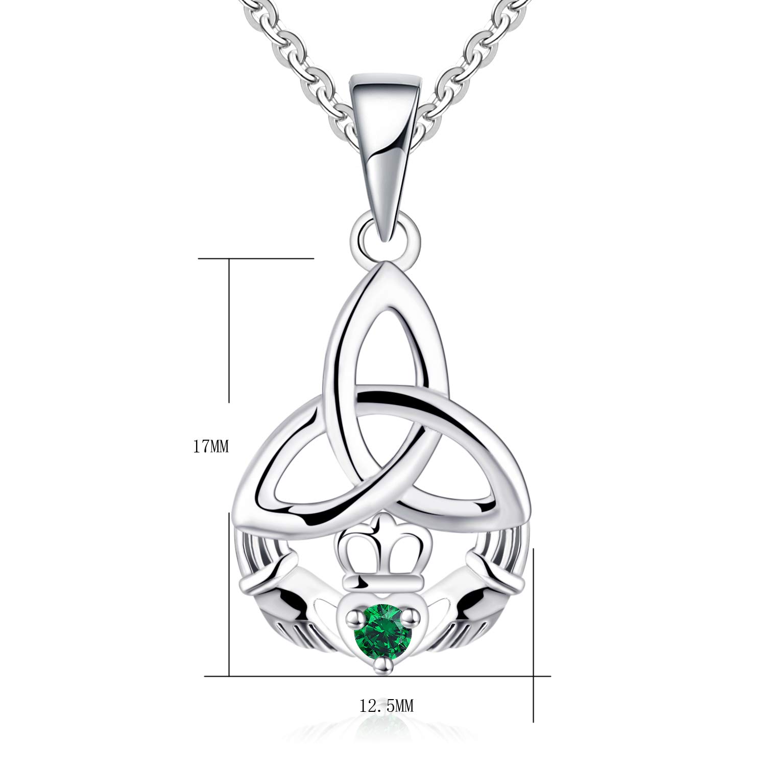 JO WISDOM 925 Sterling Silver Irish Celtic Heart Claddagh Pendant Necklace with Emeral Birthstones