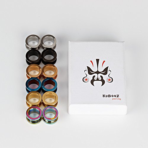 KUBOOZ 12pcs Set Colorful Stainless Steel Screwed Ear Plugs Tunnels Gauges Stretcher Piercings 00g