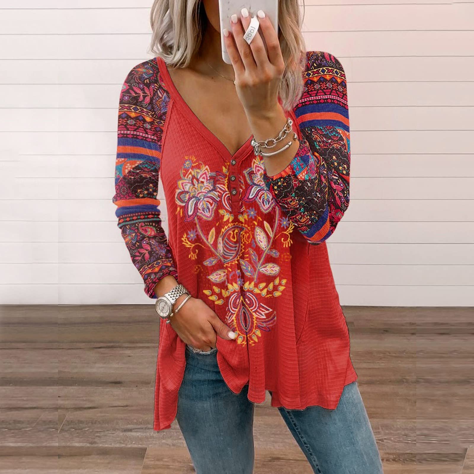 Retro Tops Pattern Printed T-Shirts Long Sleeve V Neck Top Tees Loose Classic Tops Womens Casual Blouse Tops Watermelon Red