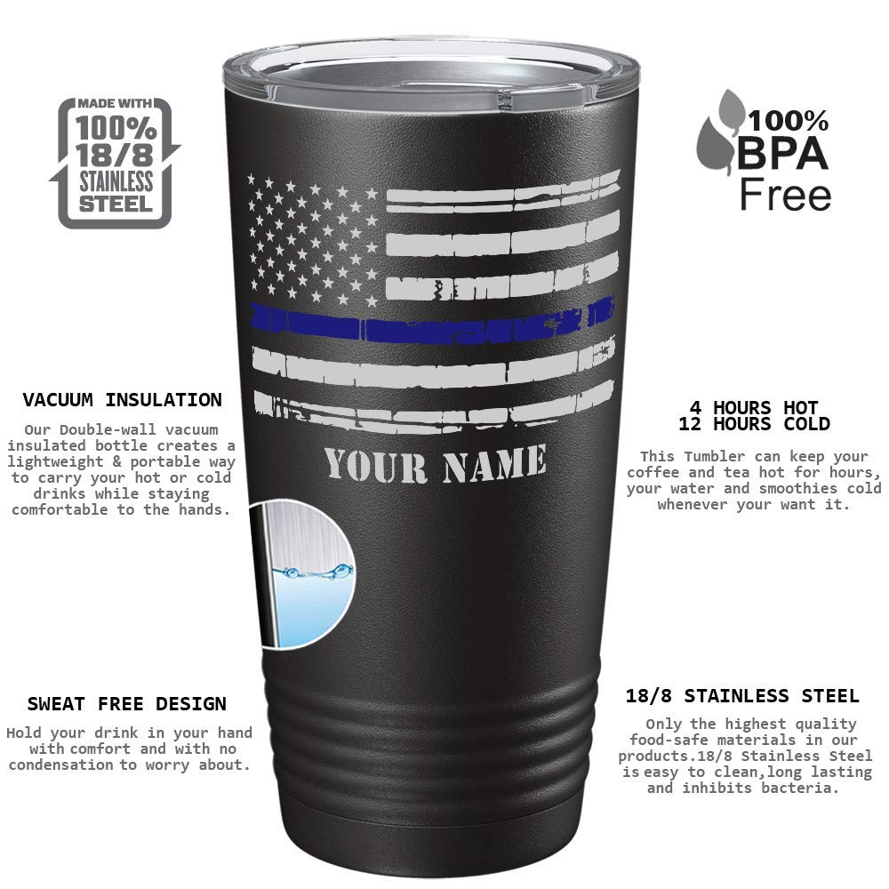 Personalized Distressed Thin Blue Line Flag Police Officer on Black 20 oz Tumbler with Lid - Law Enforcement Gift - Insulated Cup - Travel Mug