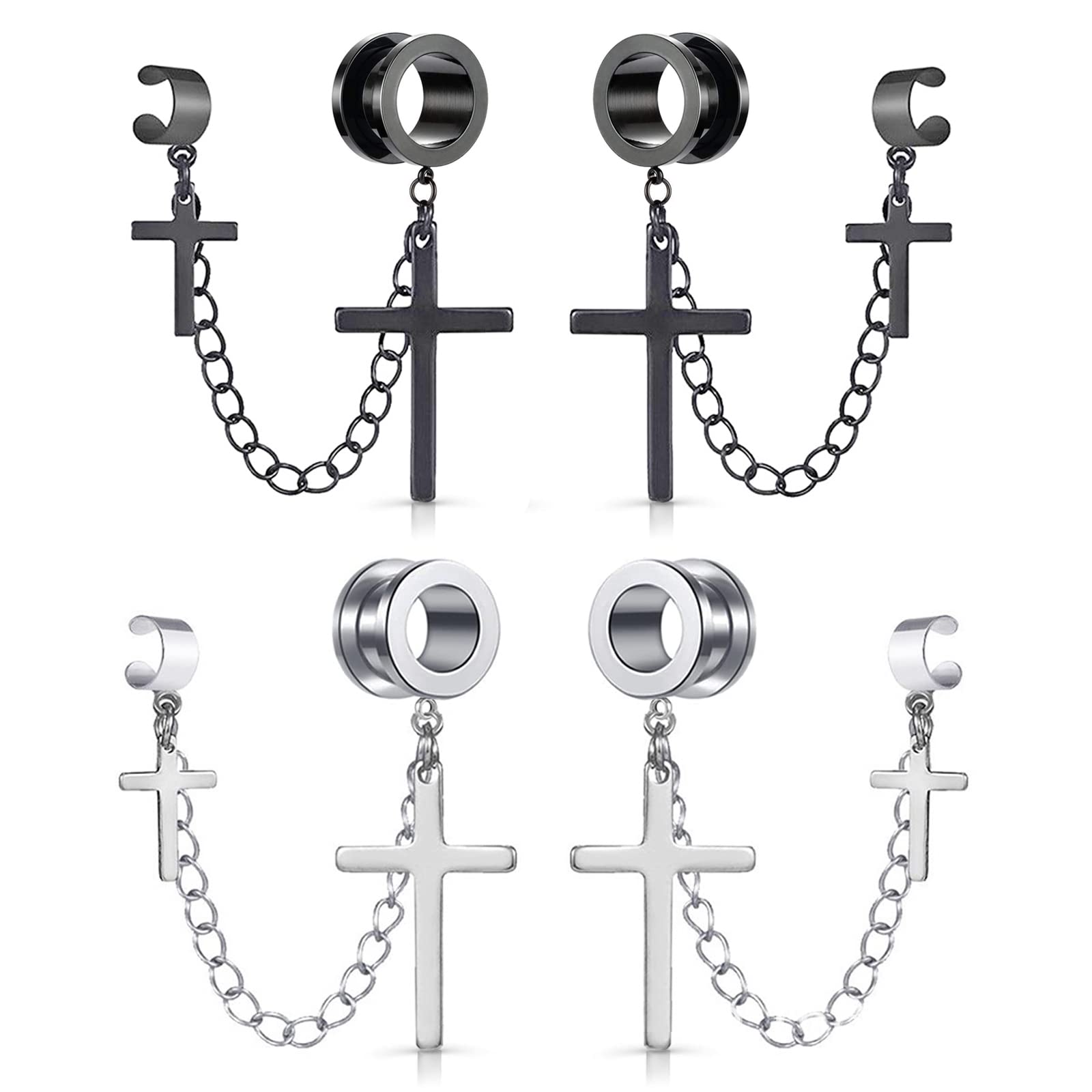 Longbeauty 2 Pairs Surgical Steel Dangle Cross Ear Tunnels Fashion Ear Gauges Plugs Expander Stretchers Piercings Black & Silver 1/2"