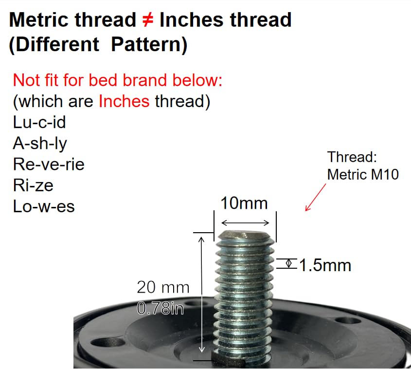 M10 Adjustable Bed Base Frame Legs, Screw Thread Compatible with Zinus Adjustable Bed, 3 Sections, Set of 4 (Spherical Bottom)