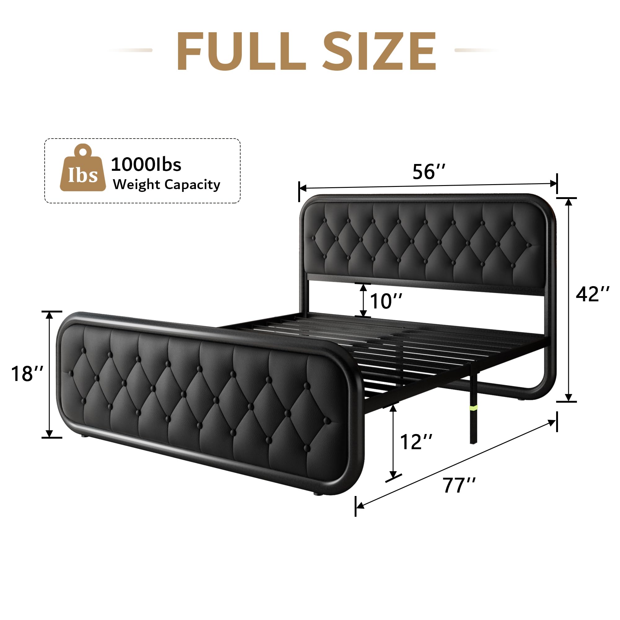 iPormis Full Size Metal Bed Frame with Leather Headboard, Heavy-Duty Platform Bed Frame, Thicker Metal Steel Slats Support, 12'' Under-Bed Space, Noise-Free, Easy Assembly, Black