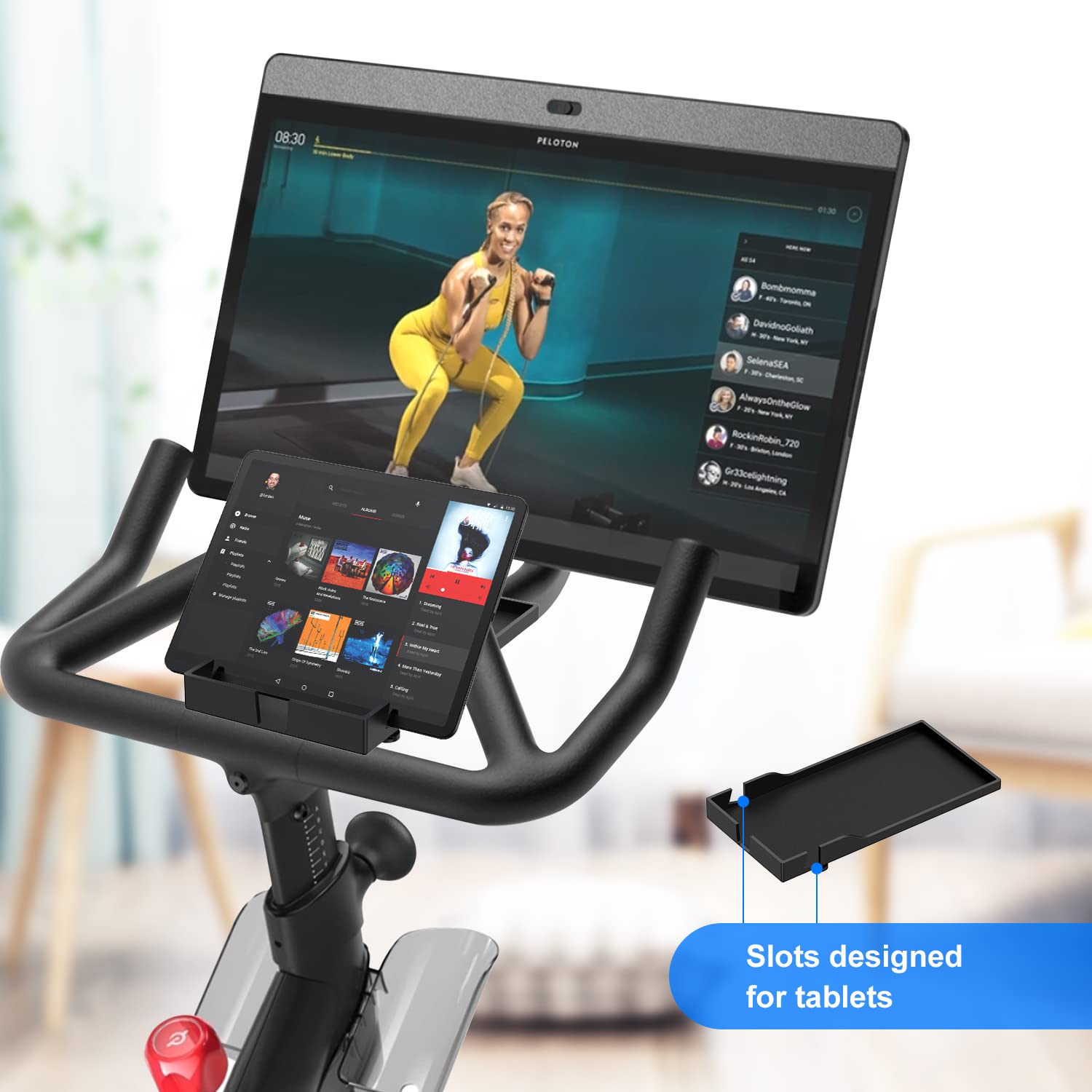 PunNeya Black Bar Mount Phone Holder for Exercise Bike, Charging Slot for iPhone iPad Phone Tablet Headphones Remotes Watch
