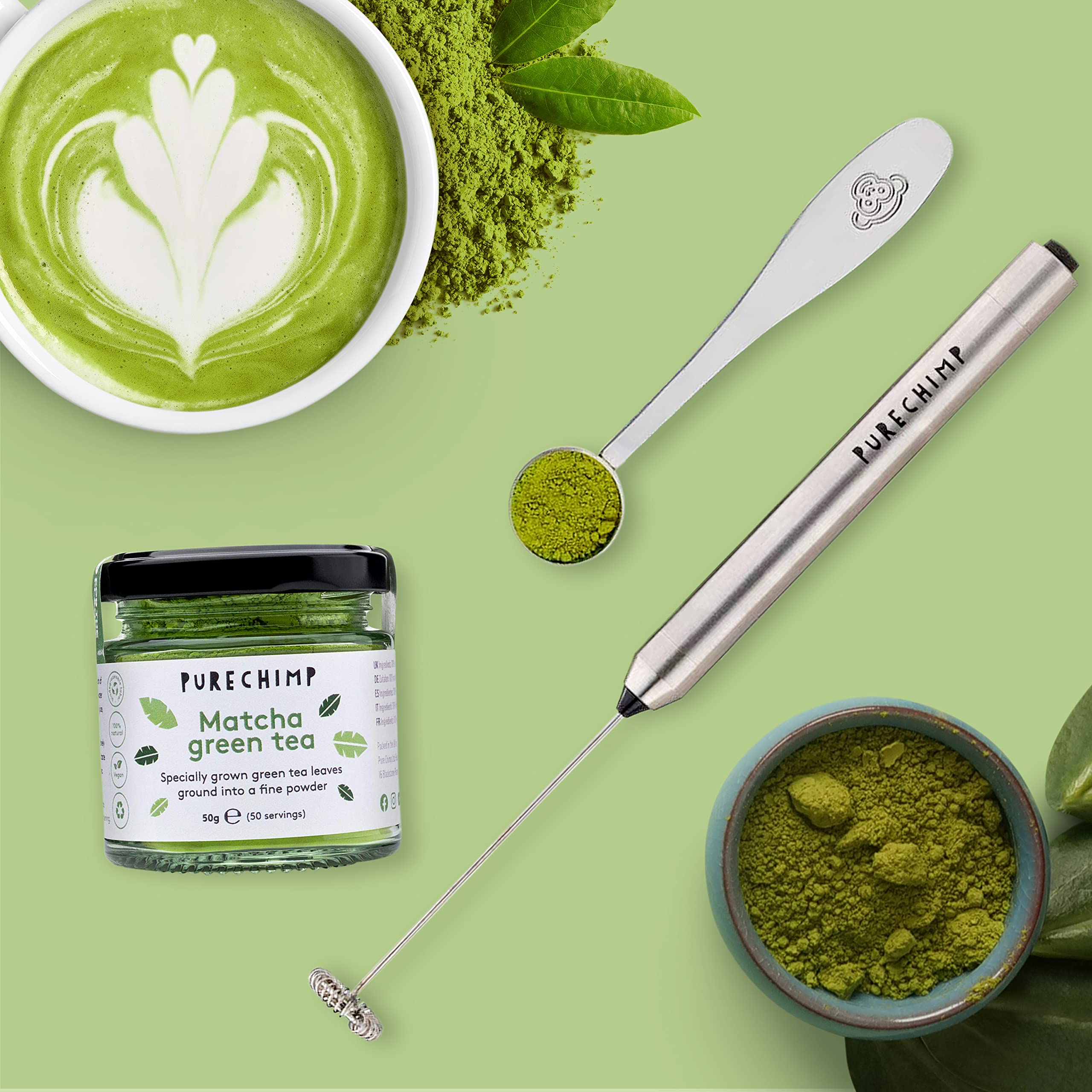 PureChimp Modern Matcha Set β Starter Kit with Electric Matcha Whisk, 50 Grams of Japanese Matcha, and Stainless Steel Measuring Spoon