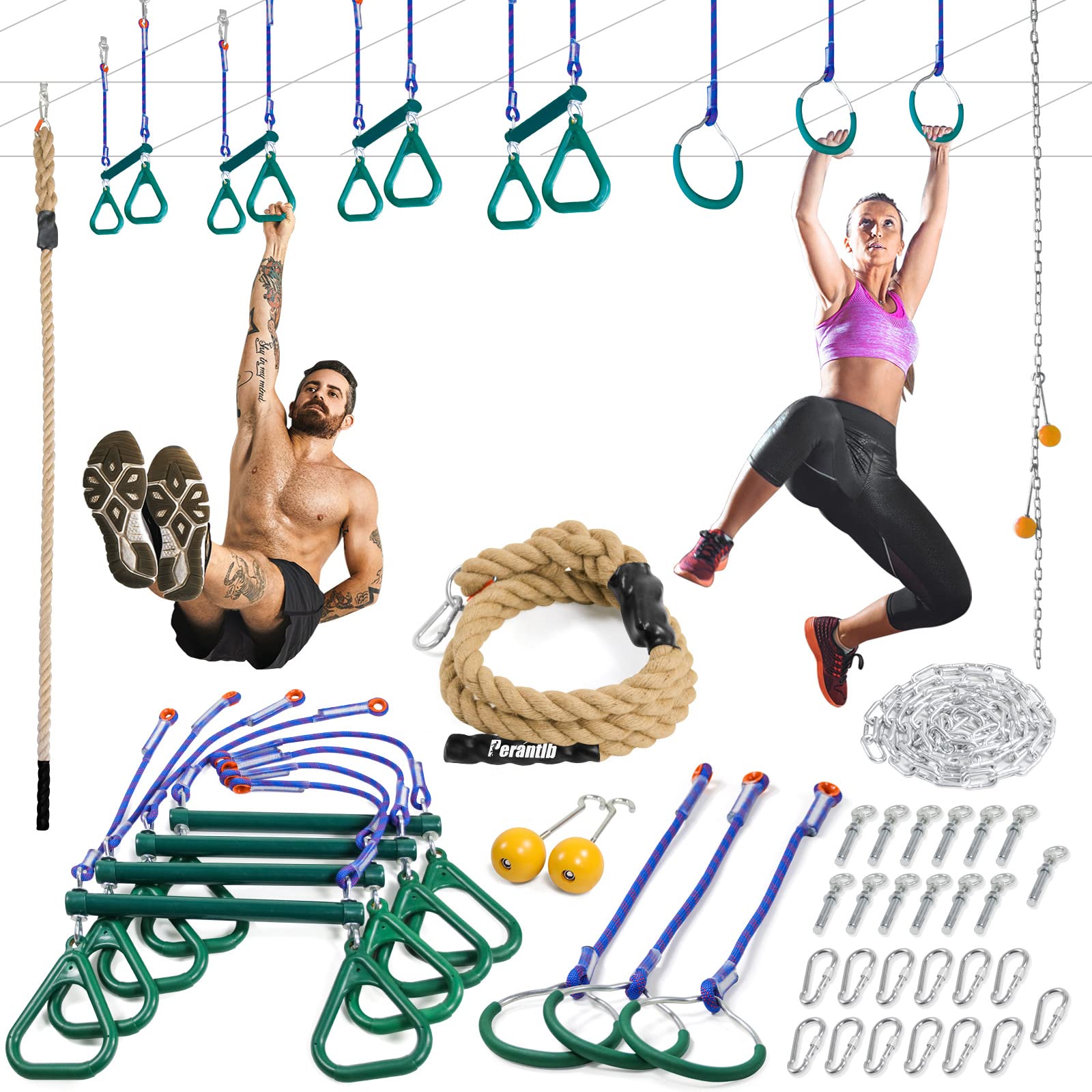 Perantlb Indoor Ninja Warrior Obstacle Course for Kids and Adults, Ninja Slackline Includes 7 Hanging Attachments,Roof Strength Training Set, which can Enhance arm Strength.