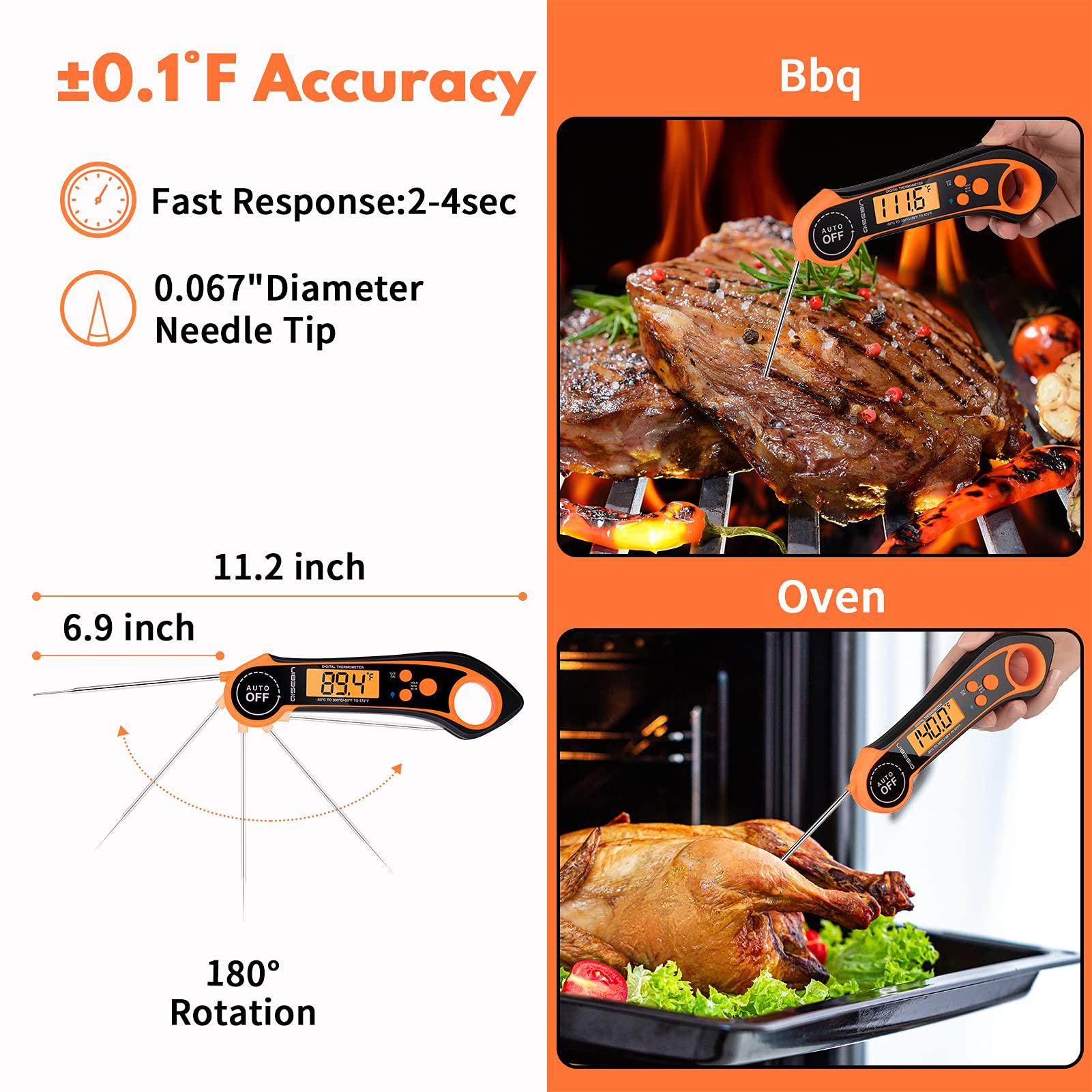 Qisebin Digital Meat Thermometers for Cooking Grilling - IPX7 Waterproof Instant Read Food Thermometer for Meat, Deep Frying, Baking, Outdoor & BBQ (Orange)