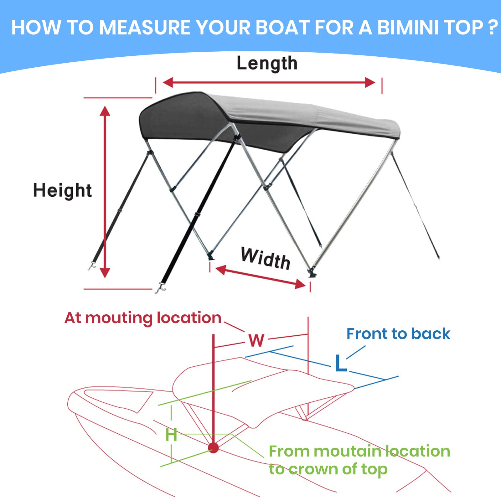Leader Accessories Light Grey 4 Bow 8'L x 54" H x 73"-78" W Bimini Top Boat Cover Include 4 Straps 2 Rear Support Poles Mounting Hardwares Storage Boot