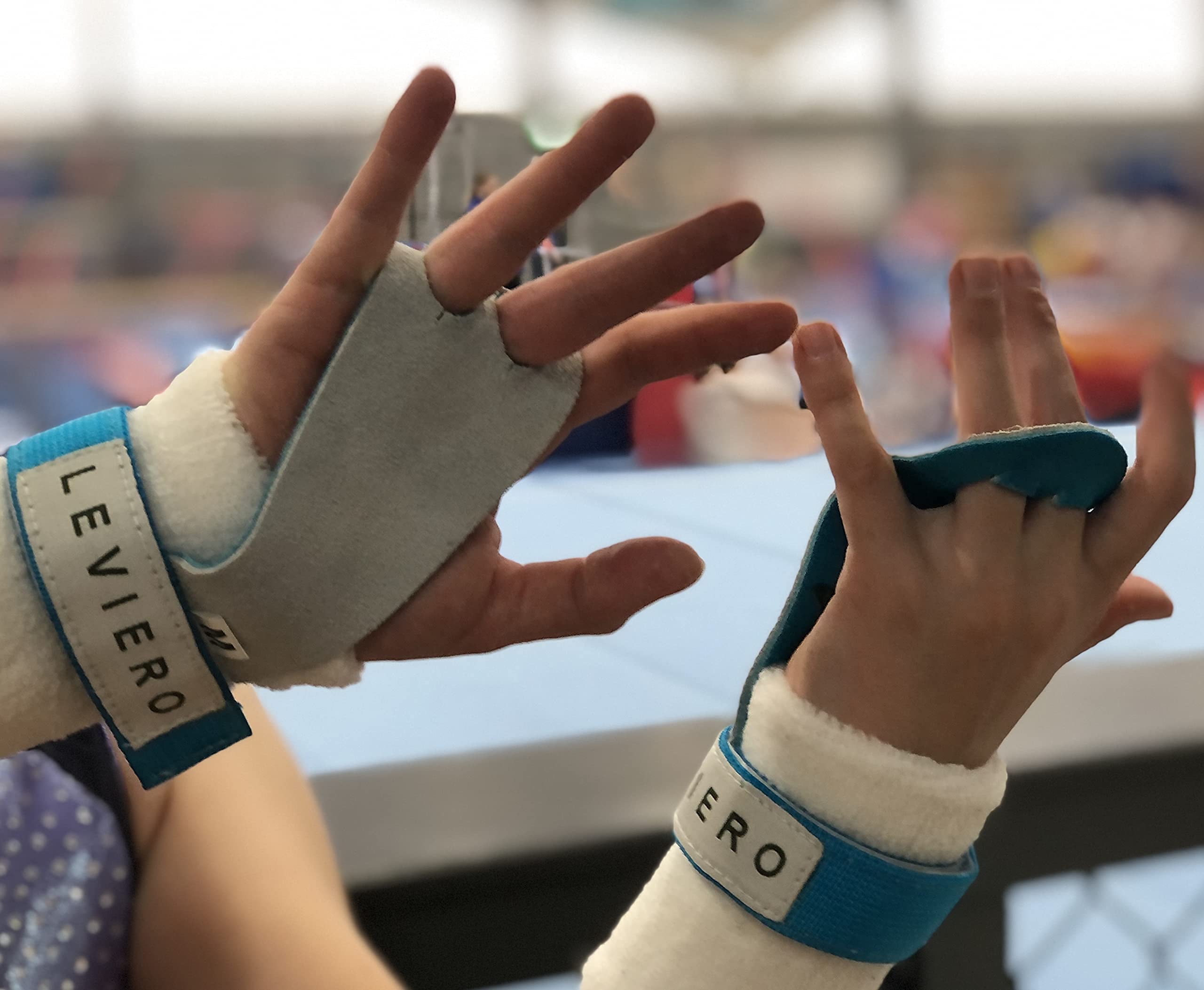 LEVIERO Palmies Gymnastics Grips, Grips for Gymnastics, Multipurpose Soft Leather Grips with Adjustable Finger Holes, Weightlifting, Kettlebell, Cross Training Workouts for All Ages - (Aqua, X-Large)